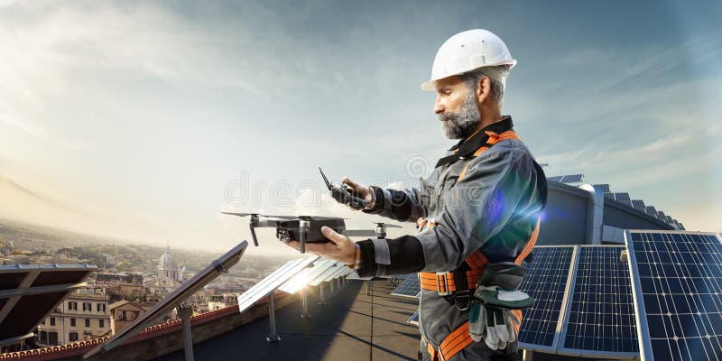 Happy Engineer Using Drone for Cheking Solar Station. in Roof Stock ...