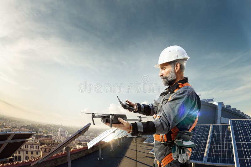 Happy Engineer Using Drone and for Cheking Solar Station. in Roof Stock ...