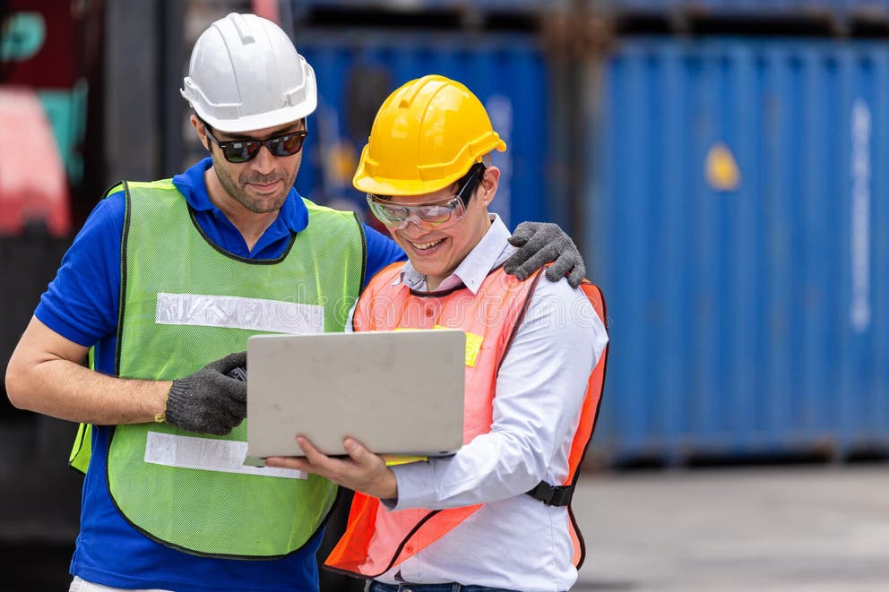 Happy Engineer Worker Enjoy Working Together, Help Support Friend at ...