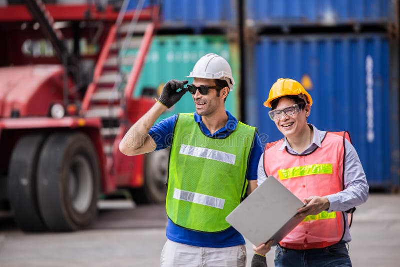 Happy Engineer Worker Enjoy Working Together, Help Support Friend at ...