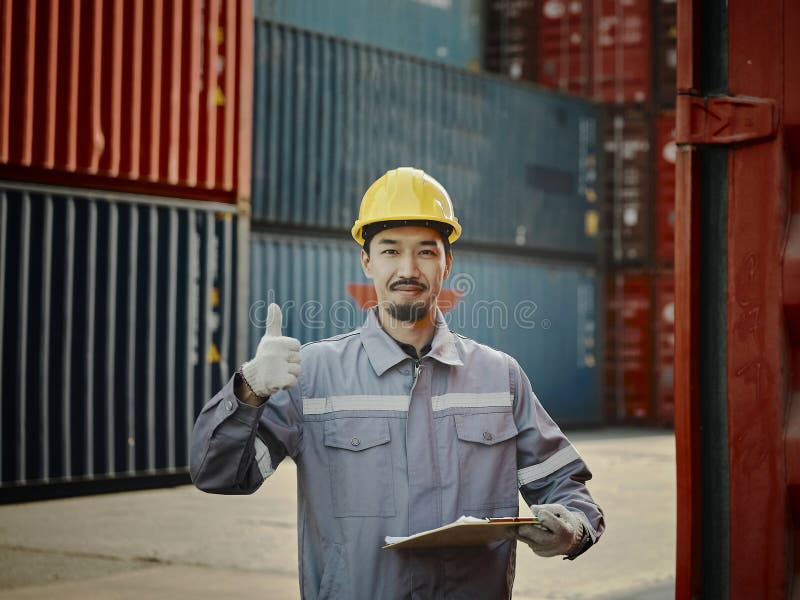 Happy Engineer or Worker Standing Proudly at Container Cargo Stock ...