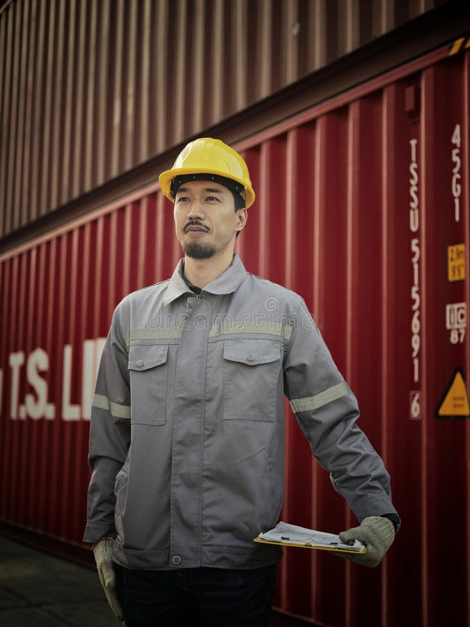 Happy Engineer or Worker Standing Proudly at Container Cargo Stock ...