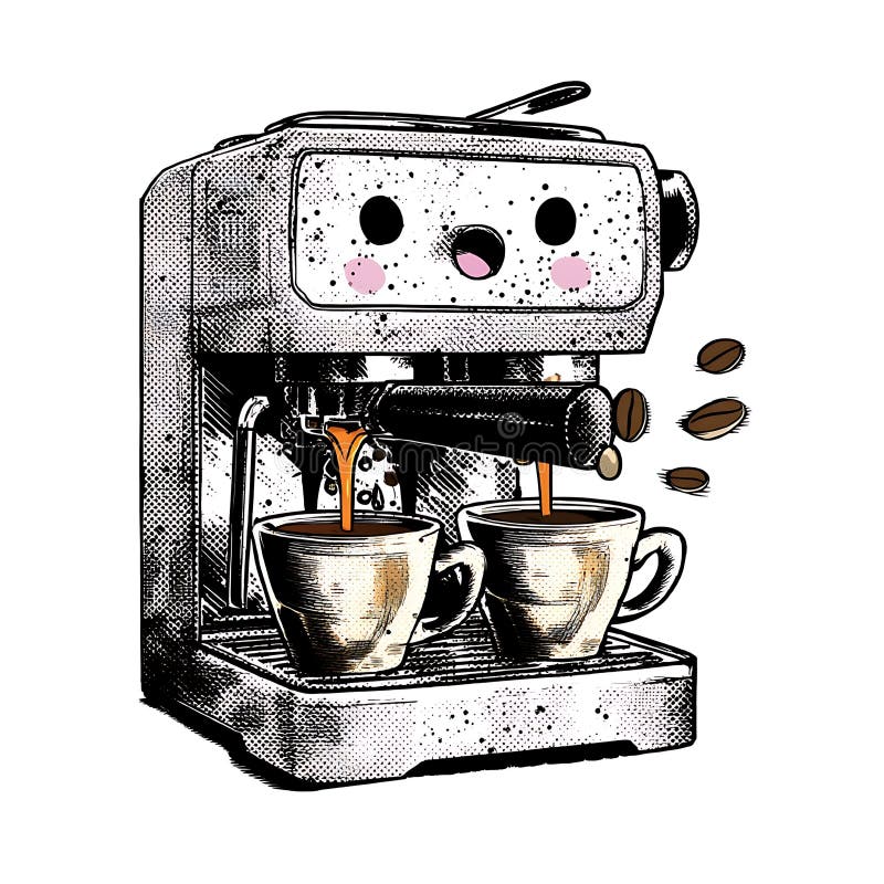 Happy Espresso Machine Making Two Cups of Coffee a Whimsical ...