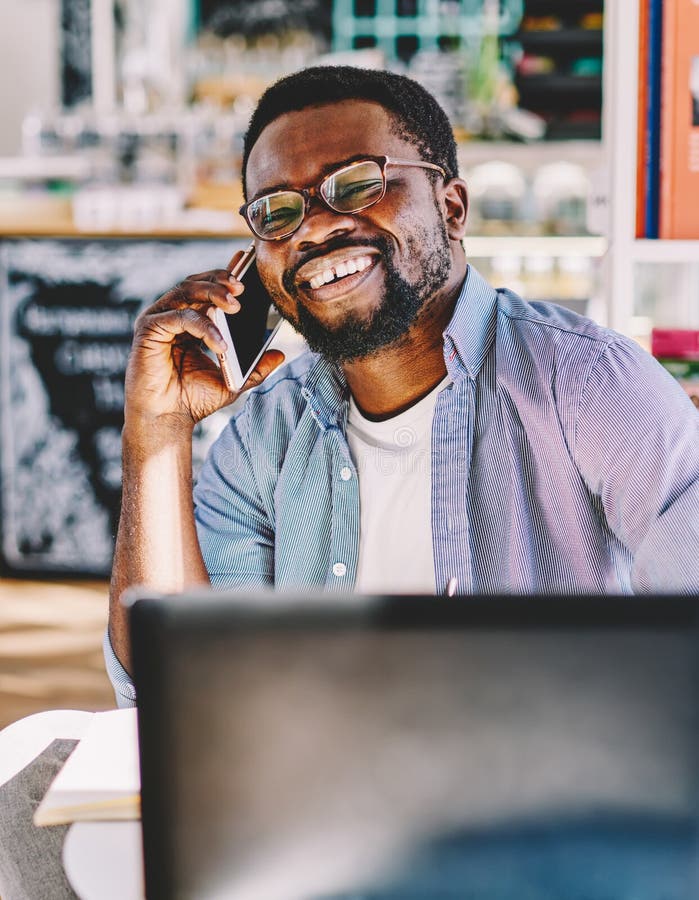 Happy Ethnic Man Phoning in Office Stock Image - Image of african, copy ...