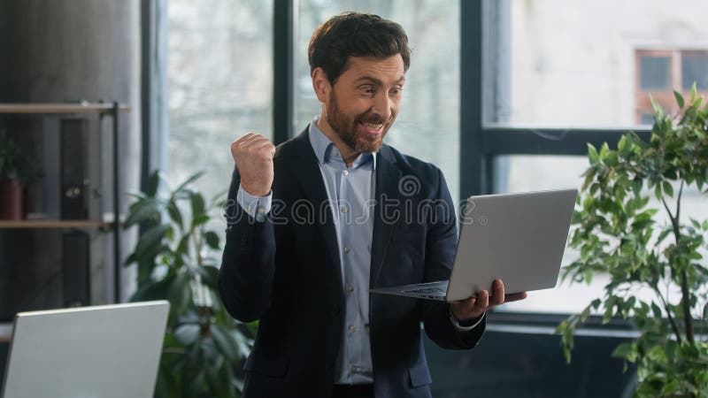 Happy Excited Businessman In Office Checking Email On Laptop Read Good