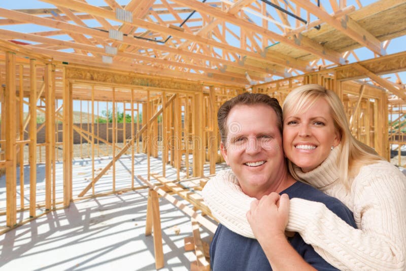 Happy Excited Couple on Site Inside Their New Home Construction Stock ...