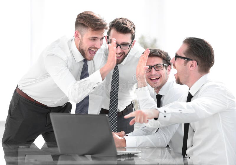 Happy Excited Team Looking at the Laptop Screen Stock Photo - Image of ...