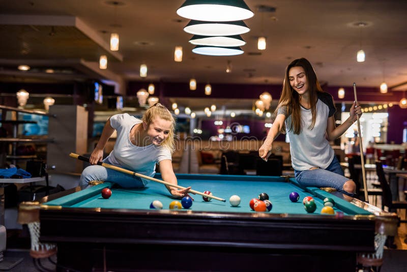 Happy and Excited Women Playing Billiard Together Stock Image - Image ...