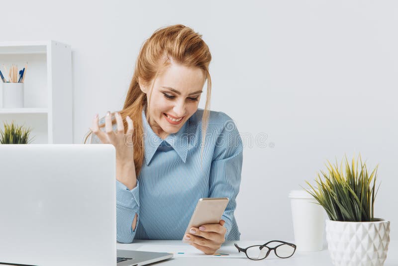 Happy Exited Pretty Woman Working at Office. Stock Image - Image of ...