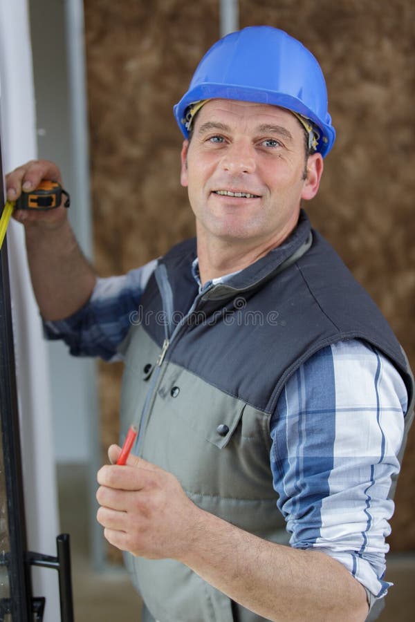 Happy Experienced Man Measuring Window Stock Photo - Image of mark ...