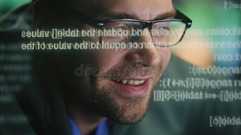 Happy Expert Creating Code at Data Hologram Closeup. Developer Man Programming Stock Image ...