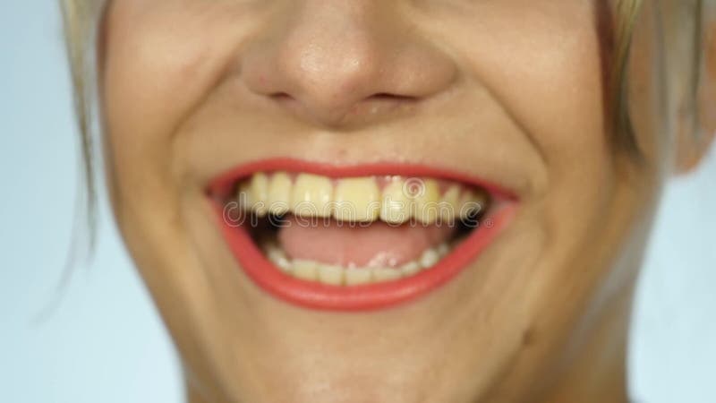 Happy Expression on a Woman`s Face with Smile. Close Up of a Lips. Slow ...