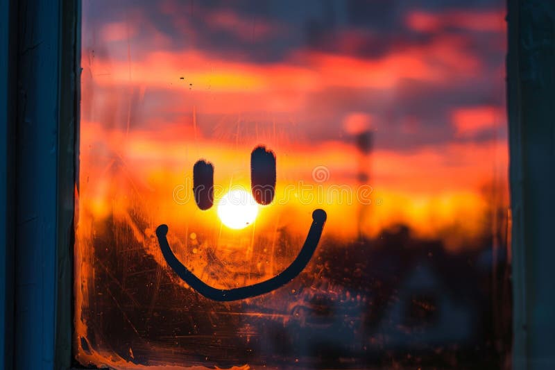 A Happy Face Drawn on a Window with an Orange Sunset in the Background ...