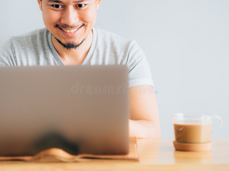 Happy Face Man Work on His Laptop. Stock Image - Image of japanese ...