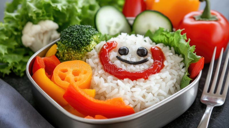 Happy Face Rice Bento with Fresh Vegetables and Smiley Design Stock ...