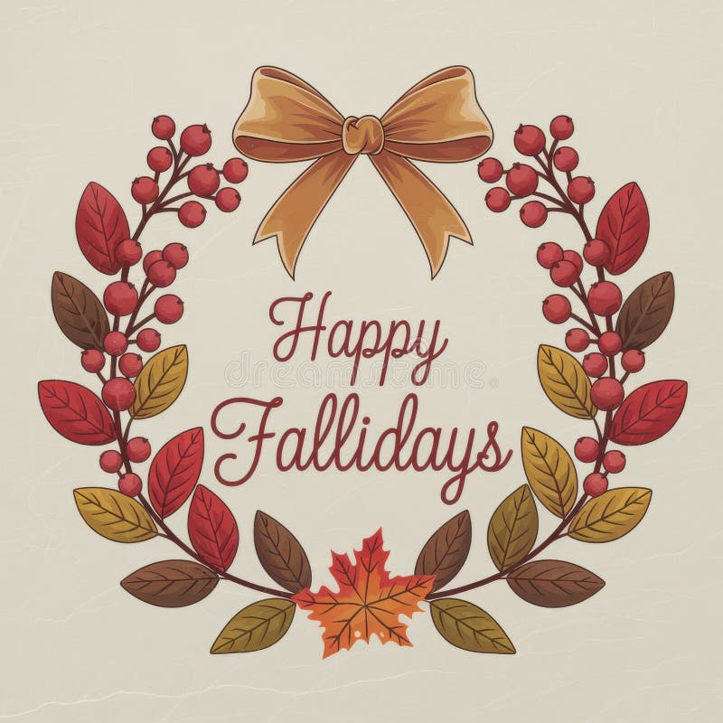 Happy Fallidays Wreath with Autumn Leaves, Berries, and Bow Stock ...