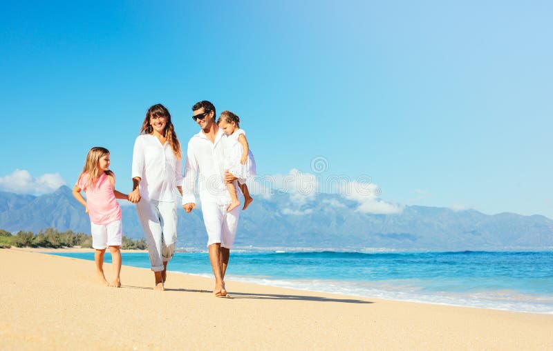 Happy Family Have Fun Walking on Beach at Sunset Stock Photo - Image of ...