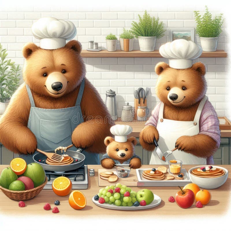 Happy Family of Bears Cooking in the Kitchen. Stock Image - Image of ...
