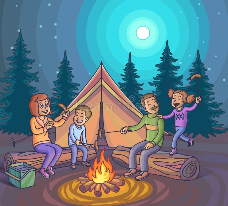 Happy Family Camping with Campfire at Night. Stock Vector ...