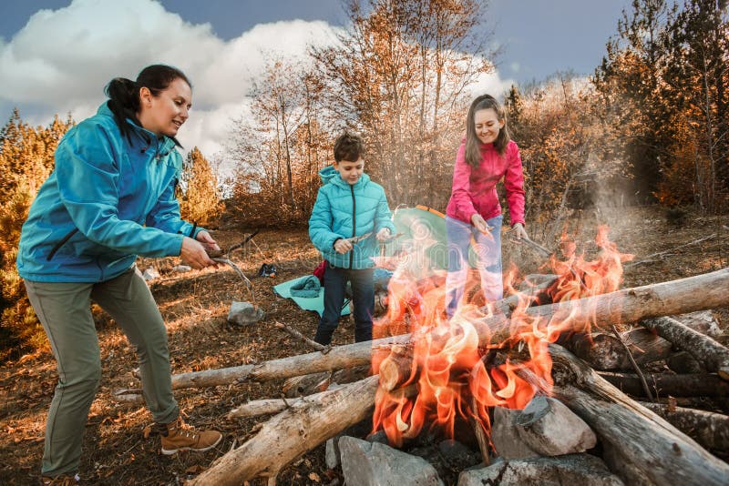 Family on a Camping Trip. Family Doing Camping in the Forest Stock ...