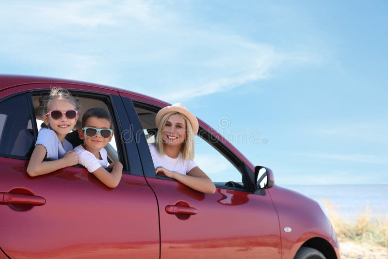 Happy Family in Car at Beach on Sunny Day Stock Image - Image of ...