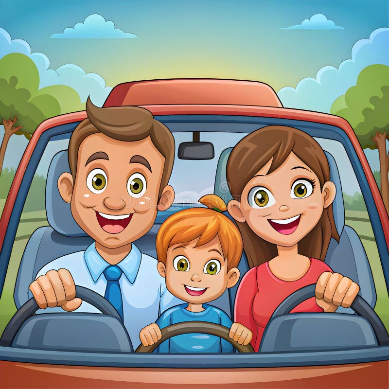 Happy Family in the Car Cartoon Stock Illustration - Illustration of ...
