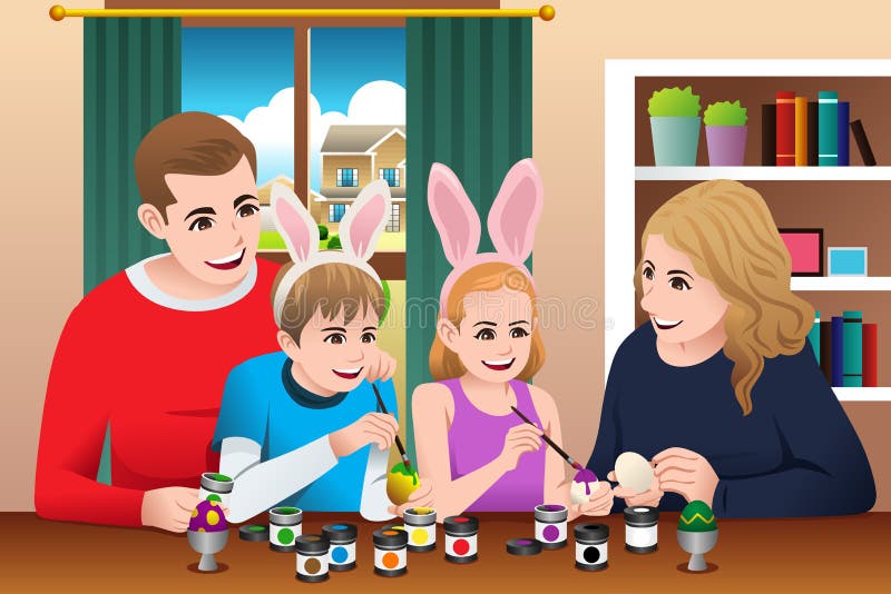Happy Family Celebrating Easter Painting Easter Egg Vector Illustration ...