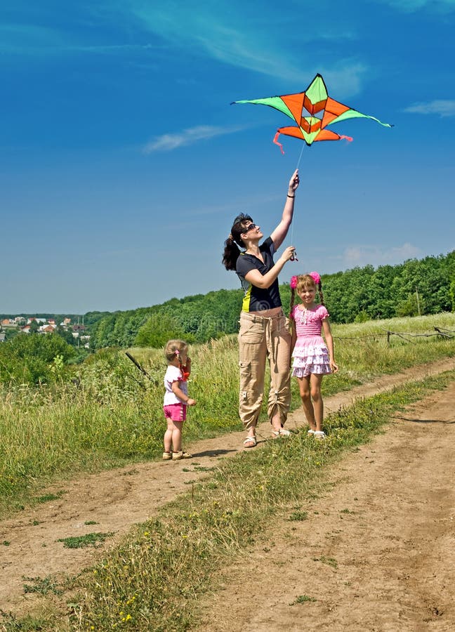 Happy Family and Children Fly Kite. Stock Image - Image of field ...