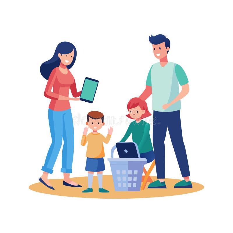 Happy Family Using Technology Together: Tablet, Laptop, Vector ...