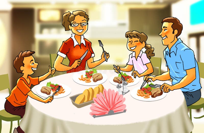 Happy Family at the Dinner Table Stock Illustration - Illustration of ...
