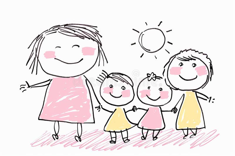 Happy Family Drawing with Smiling Faces Under Sunny Sky Stock ...