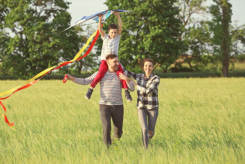 Happy Family Flying Kite in the Field Stock Photo - Image of people ...