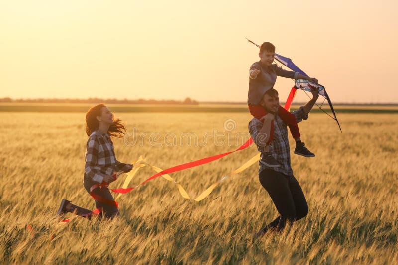 Happy Family Flying Kite in the Field at Sunset Stock Image - Image of ...