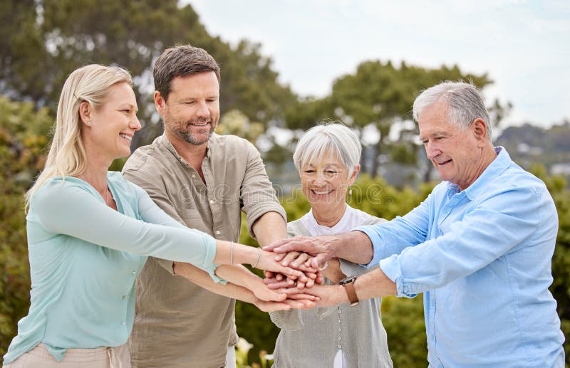 Happy Family, Hands or Stack with Support in Nature for Bonding ...