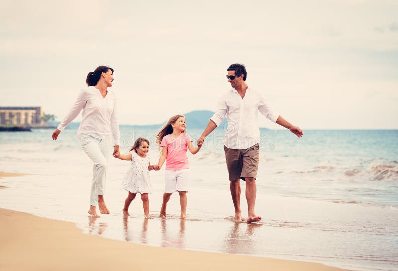 Happy Family Have Fun Walking on Beach at Sunset Stock Image - Image of ...