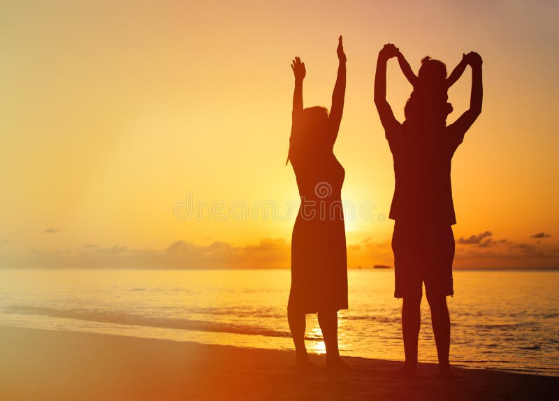Happy Family with Kid Having Fun on Sunset Beach Stock Photo - Image of ...