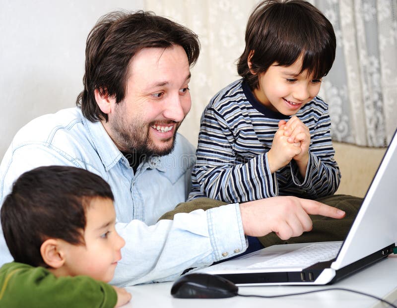 Father and Children with Computer Stock Photo - Image of child, surfing ...