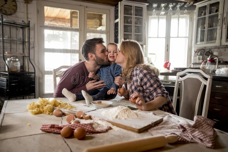 Happy Family Making Pasta in the Kitchen at Home Stock Image - Image of ...