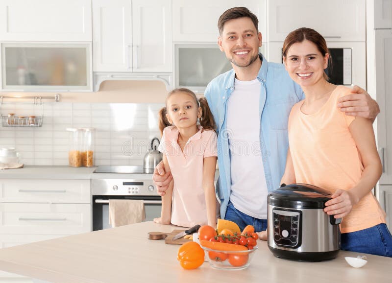 Happy Family with Modern Multi Cooker Stock Image - Image of appliance ...