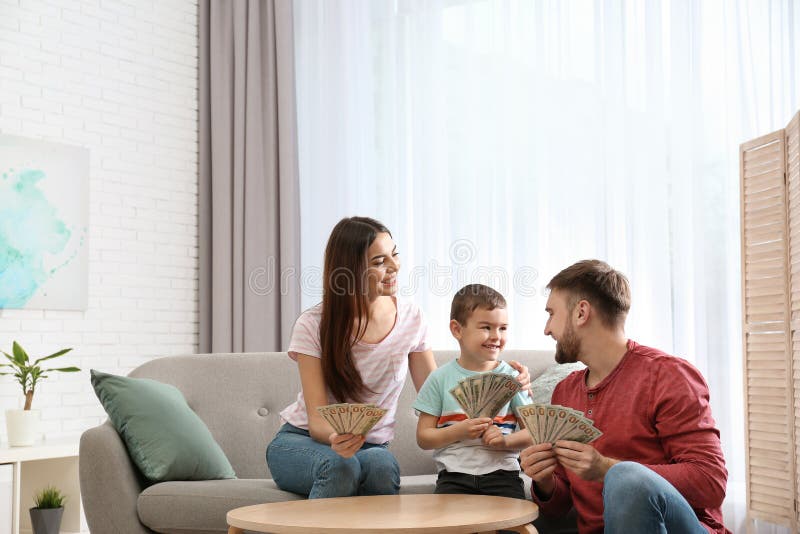 Happy Family with Money at Table Stock Image - Image of budget, dollar ...