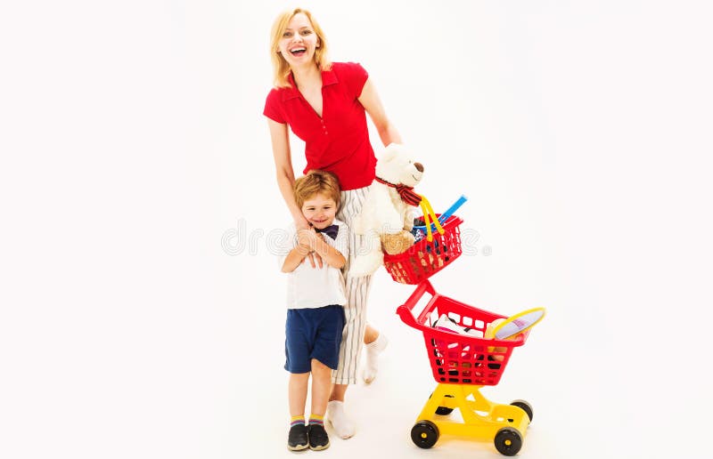 Happy Family Mother and Son with Shopping Basket and Shopping Cart with ... Happy Family Mother and Son with Shopping Basket and Shopping Cart with ...