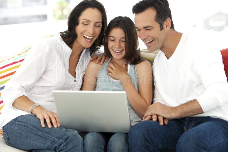 Happy Family with One Child Using Laptop Stock Photo - Image of ...