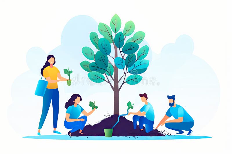 Happy Family Plant a Tree in Flat Style Cartoon Stock Illustration ...