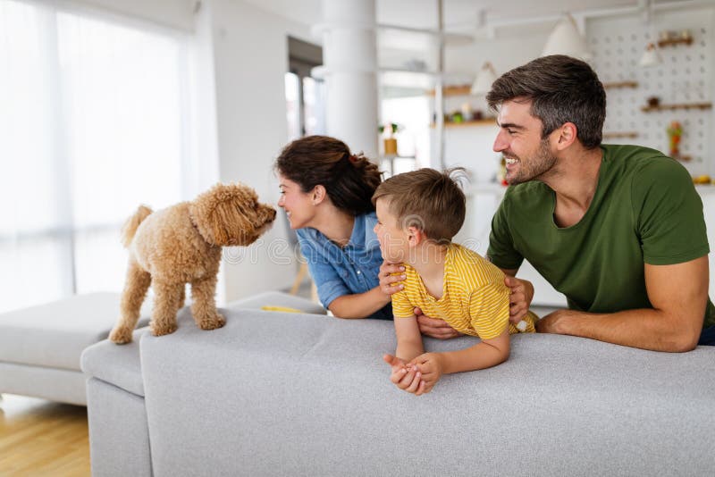 Happy Family Playing, Having Fun with Dog at Home Stock Image - Image ...