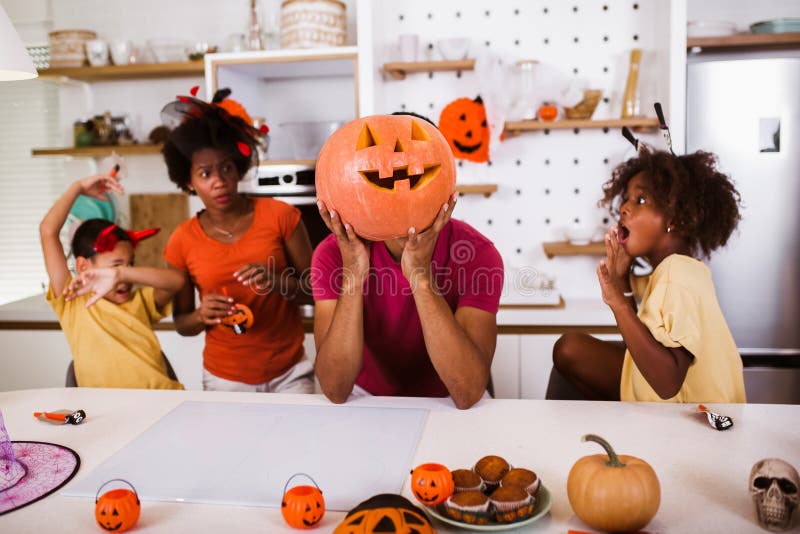 Family Preparing for Halloween, Having Fun Stock Image - Image of ...