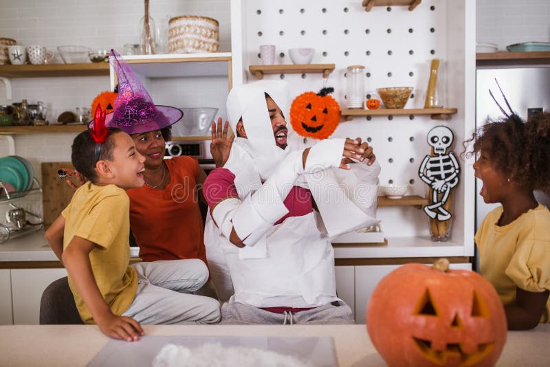 Family Preparing for Halloween, Having Fun Stock Image - Image of ...