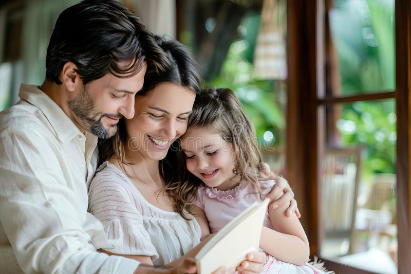 Happy Family Reading a Book Together at Home Stock Illustration ...