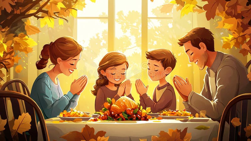 Happy Family Saying Grace before Thanksgiving Dinner Stock Illustration ...