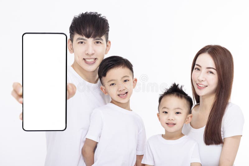 Happy Family Showing the Mobile Phone Blank Screen Stock Image - Image ...