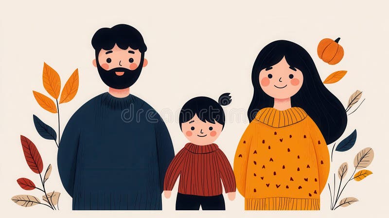 Happy Family of Three in Autumn Sweaters with Fall Leaves and a Pumpkin ...